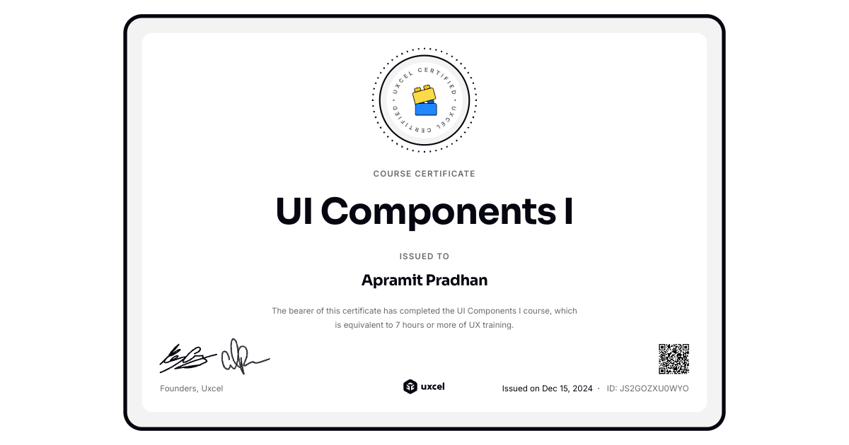 Certificate of completion for UI Components I | Uxcel